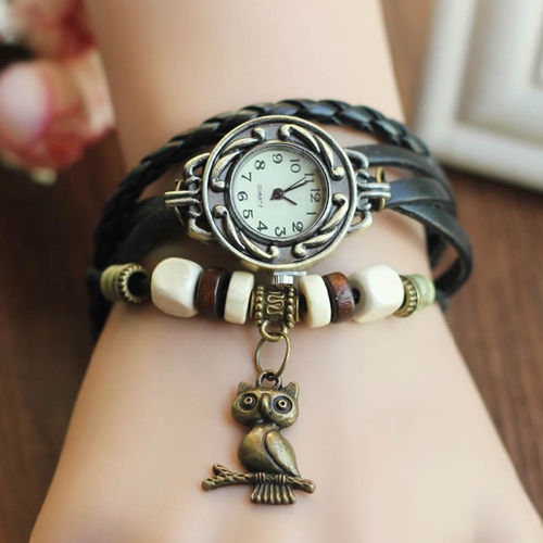 Owl Watch, Owl Leather Watch, Black Bracelet Watch, Leather Watch ...